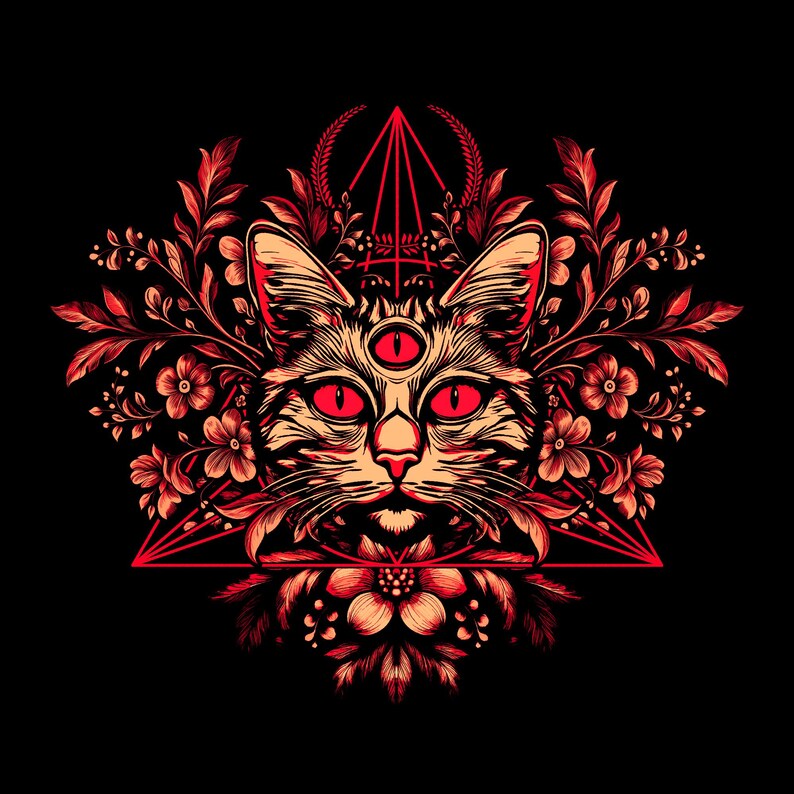 Three Eyed Cat T-shirt, Mystical Feline, Floral Botanical Print - Etsy