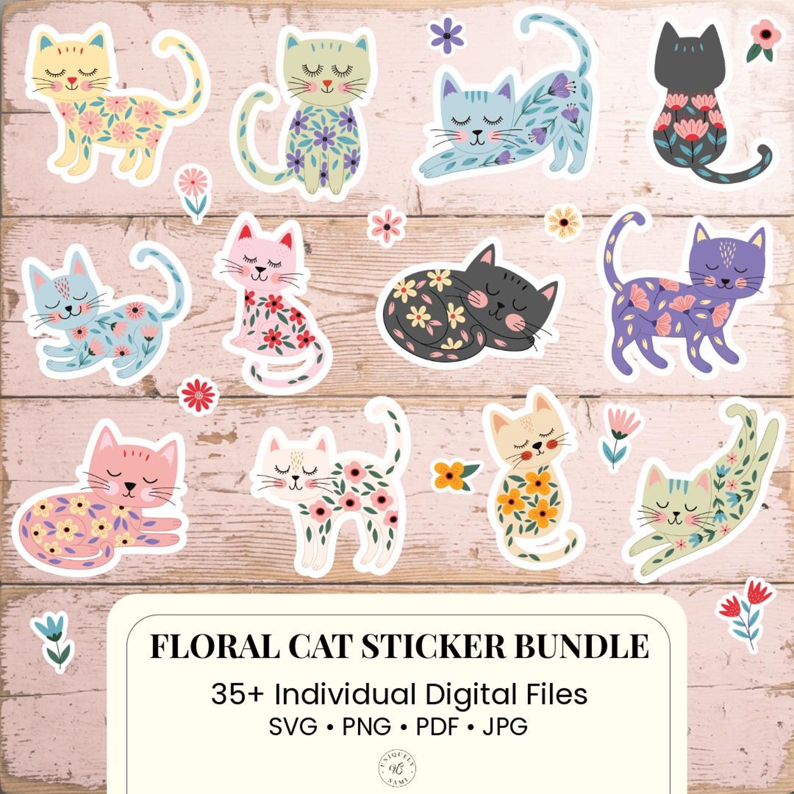 Floral Cat Sticker Bundle: 35 Individual Flower Files (svg, Png, Pdf ...