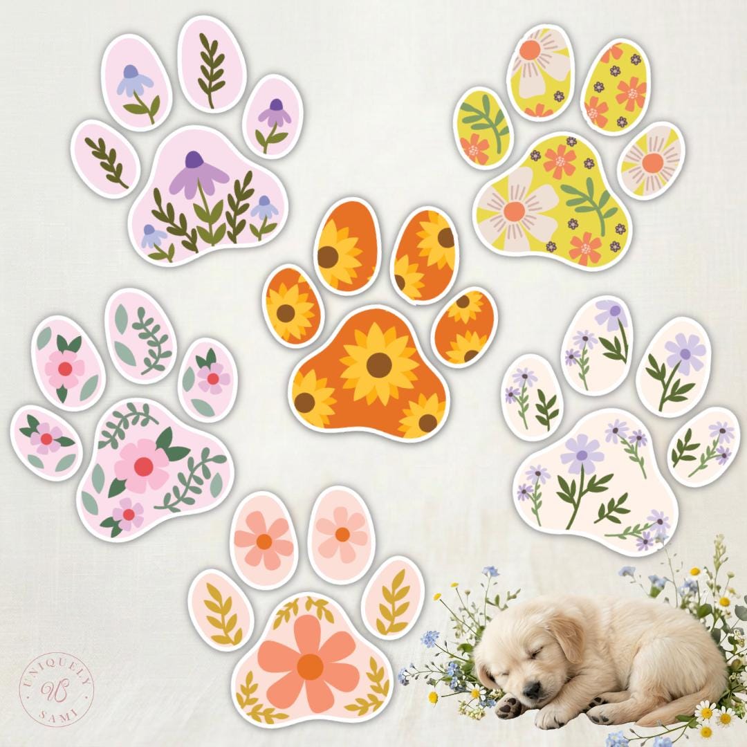 Floral Paw Print Stickers, Dog and Cat Lover Sticker Sheets, Adorable ...