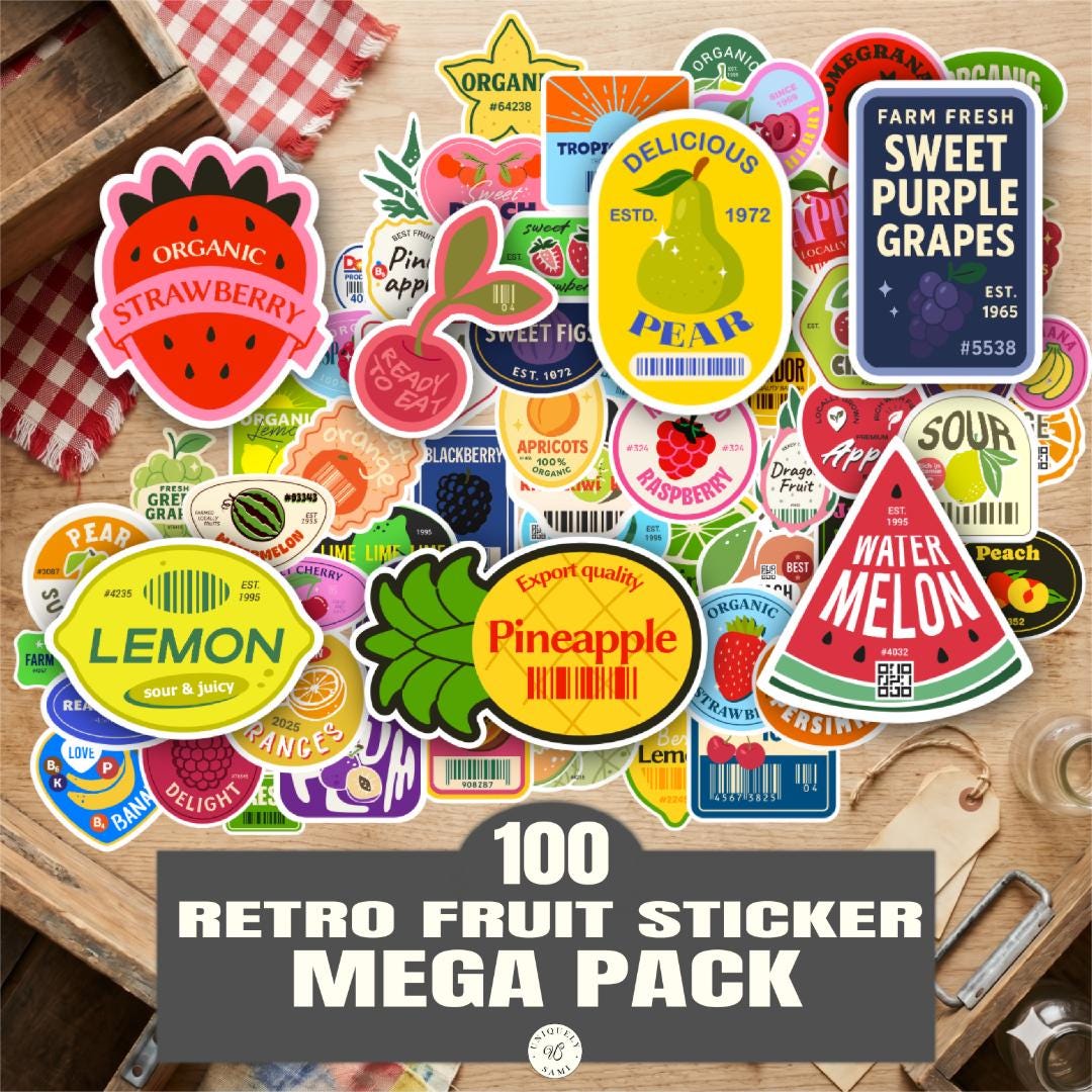 Retro Fruit Sticker Mega Pack: 100 Vintage Market Designs (png, Svg ...