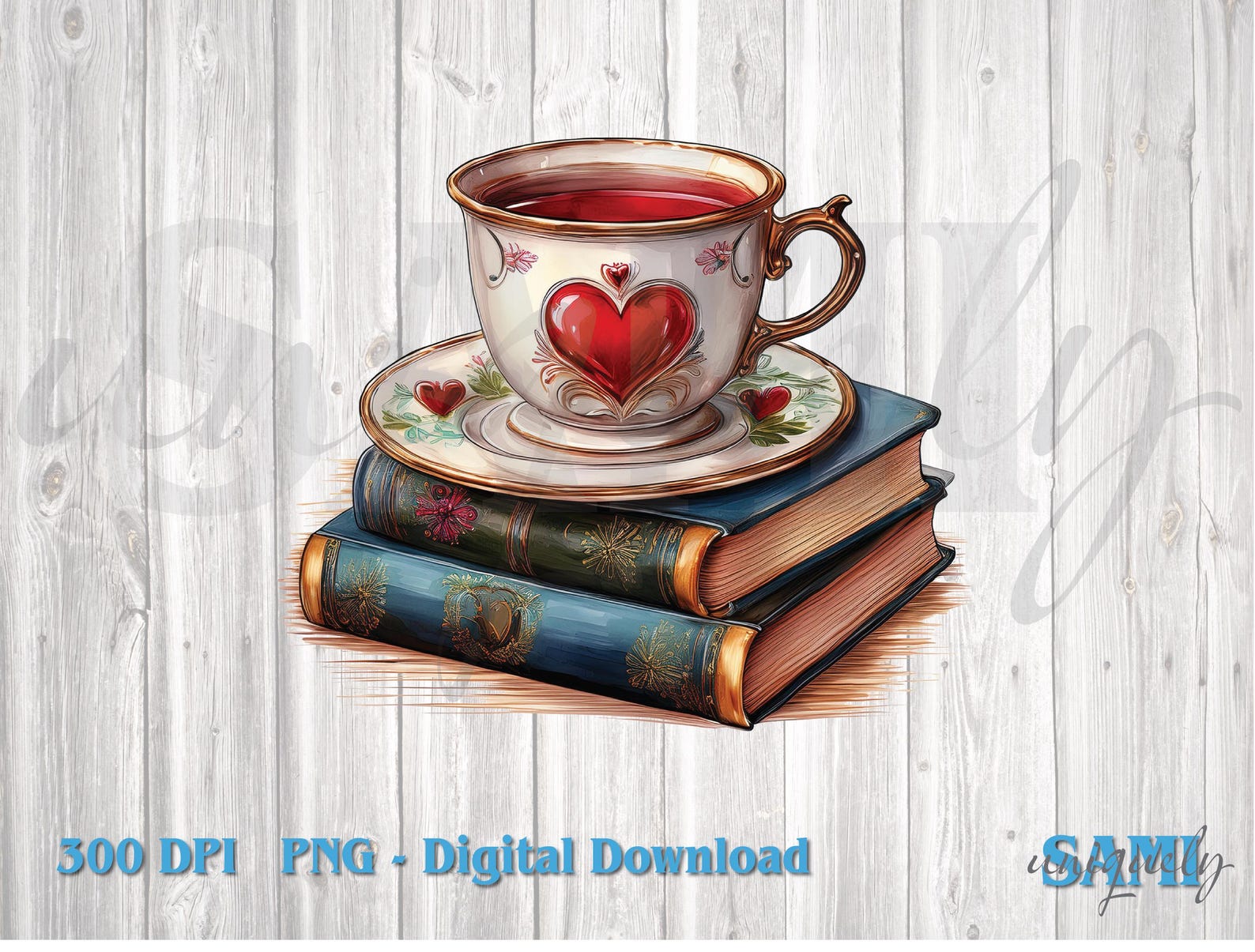 Watercolor Tea Cup on a Stack of Vintage Books With Heart Design Cup ...