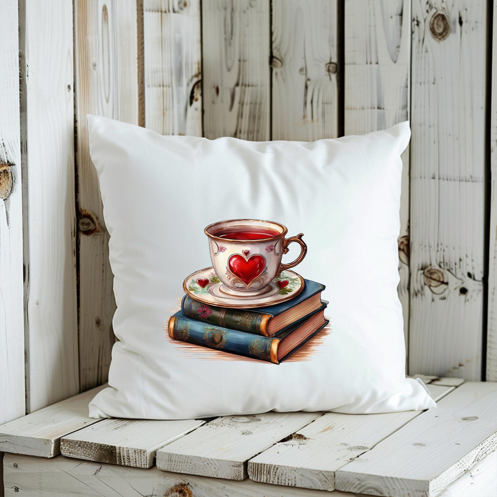 Watercolor Tea Cup on a Stack of Vintage Books With Heart Design Cup ...