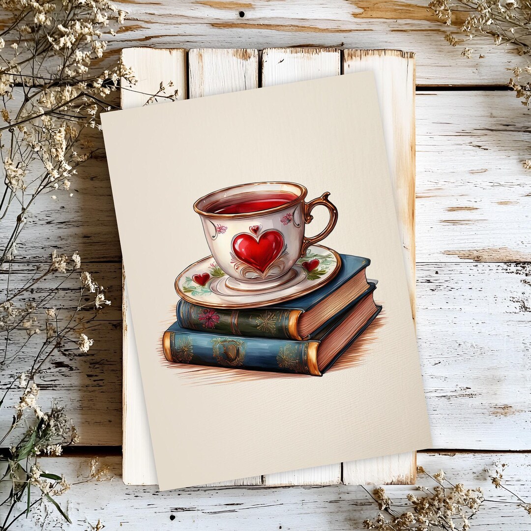 Watercolor Tea Cup on a Stack of Vintage Books With Heart Design Cup ...