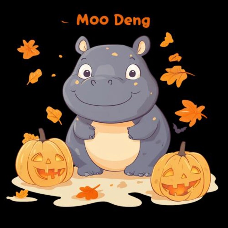 Cute Cartoon Moo Deng Baby Hippo With Halloween Pumpkins & Leaves PNG ...