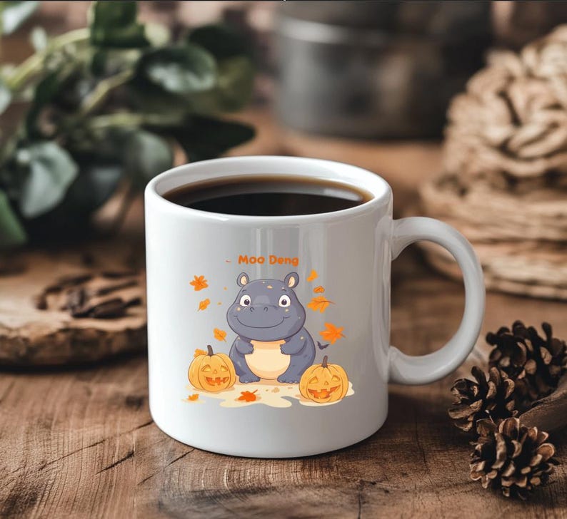 Cute Cartoon Moo Deng Baby Hippo With Halloween Pumpkins & Leaves PNG ...
