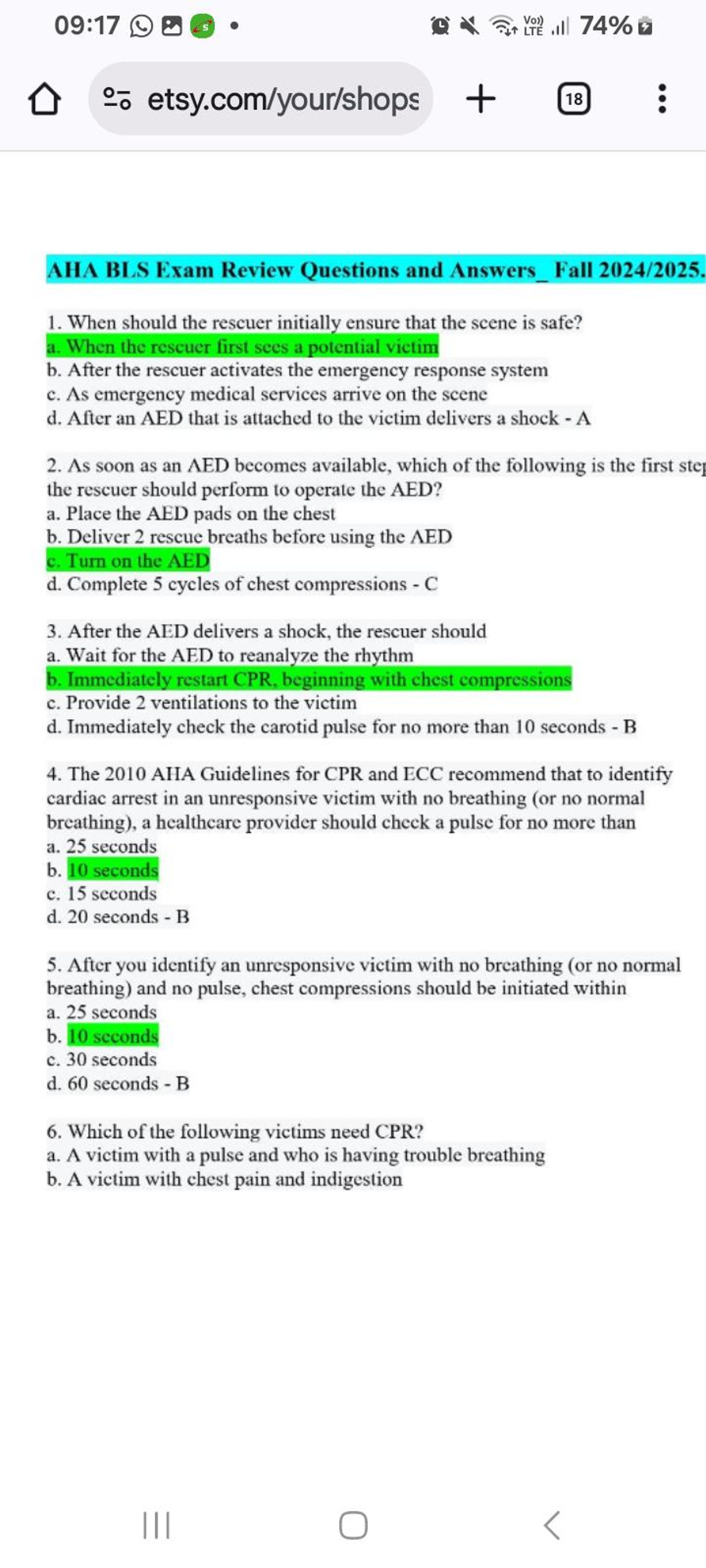 AHA BLS Exam Review Questions and Answers_ Fall 2025 - Etsy