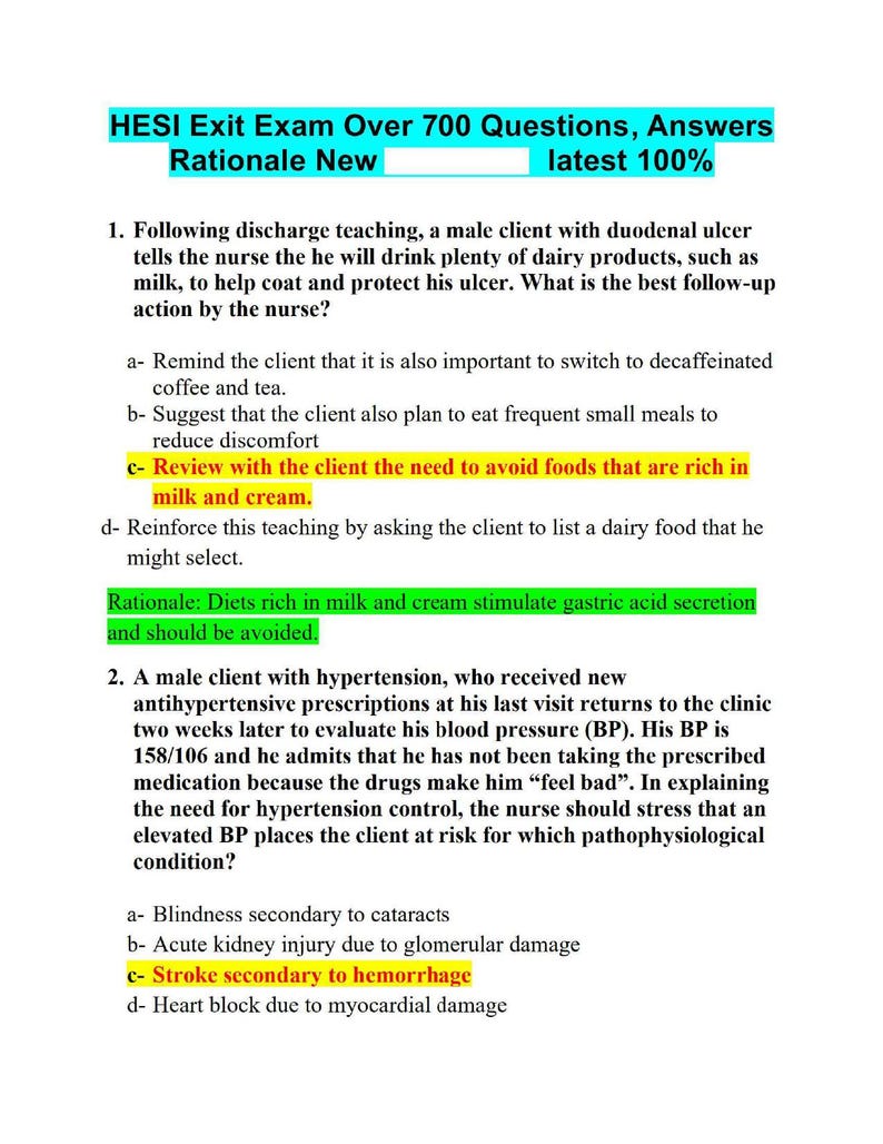 HESI Exit RN Exam Over 700 Questions, Answers Rationale New 2024/2025 ...