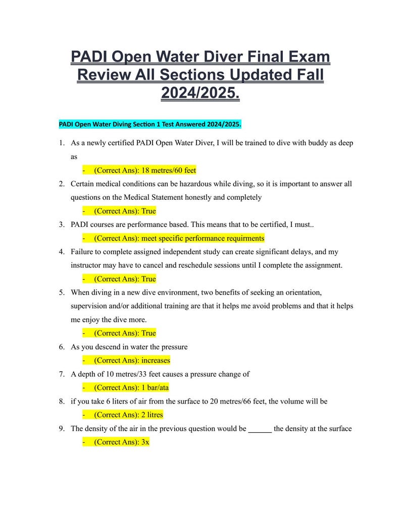 PADI Open Water Diver Final Exam Review All Sections Updated Fall 2024/ ...