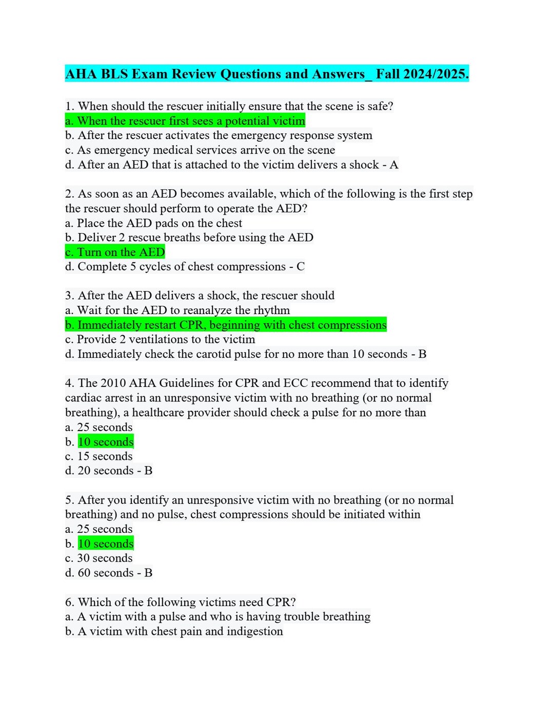 AHA BLS Exam Review Questions and Answers_ Fall 2025 - Etsy