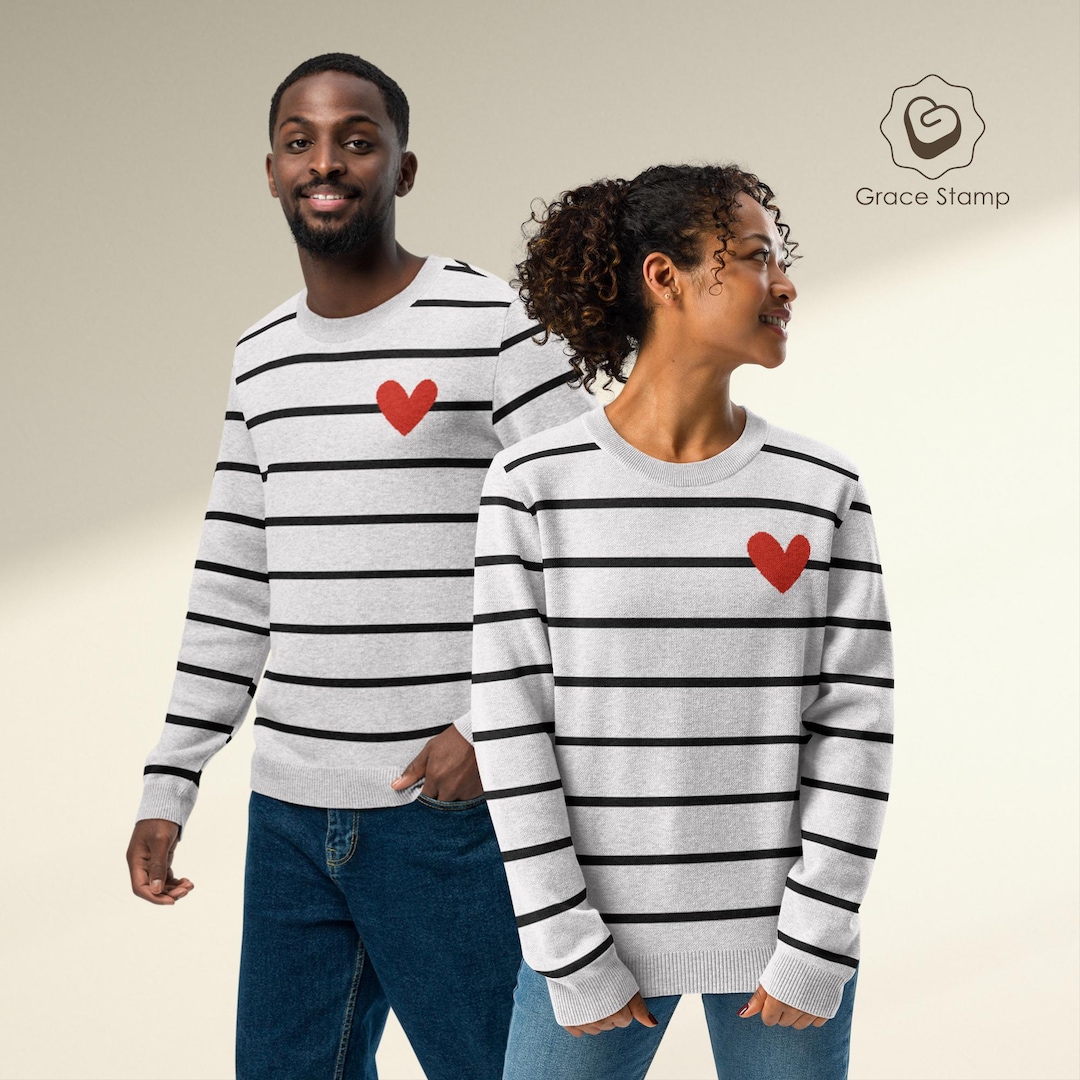 White & Black Striped Knit Sweater With Red Heart Romantic Aesthetic ...