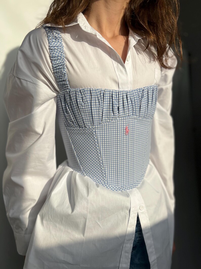 A Corset Top Recycled From a Shirt. Reworked Corset. Colour: Blue ...