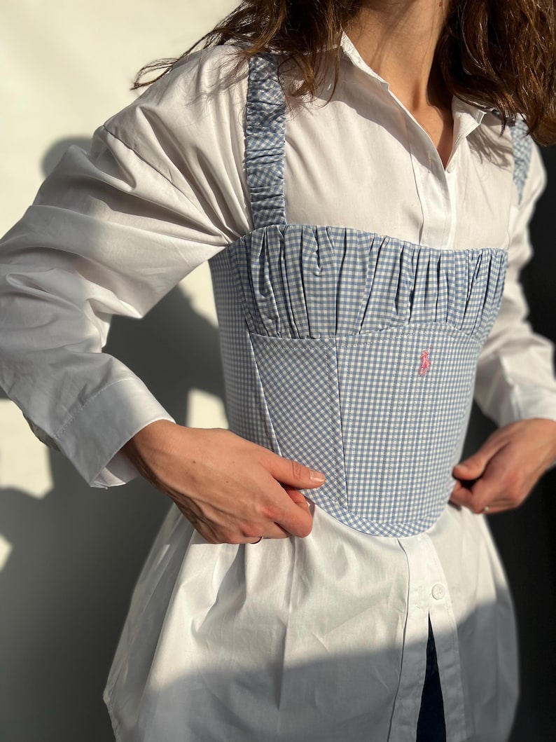 A Corset Top Recycled From a Shirt. Reworked Corset. Colour: Blue ...