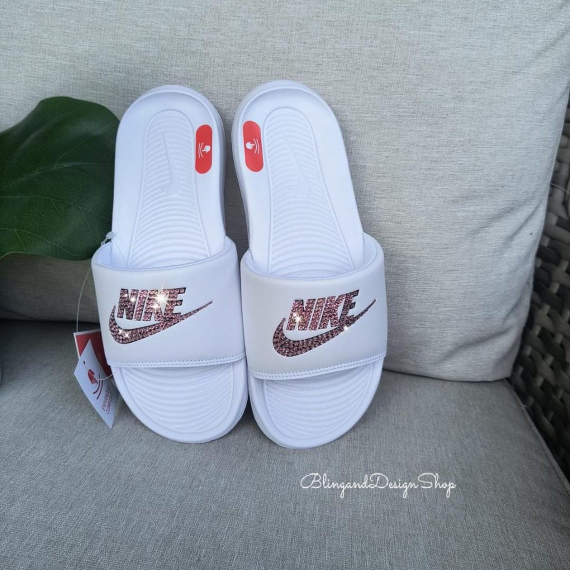 Bling Womens Victori One White Slides Sandals Customized With Pink ...