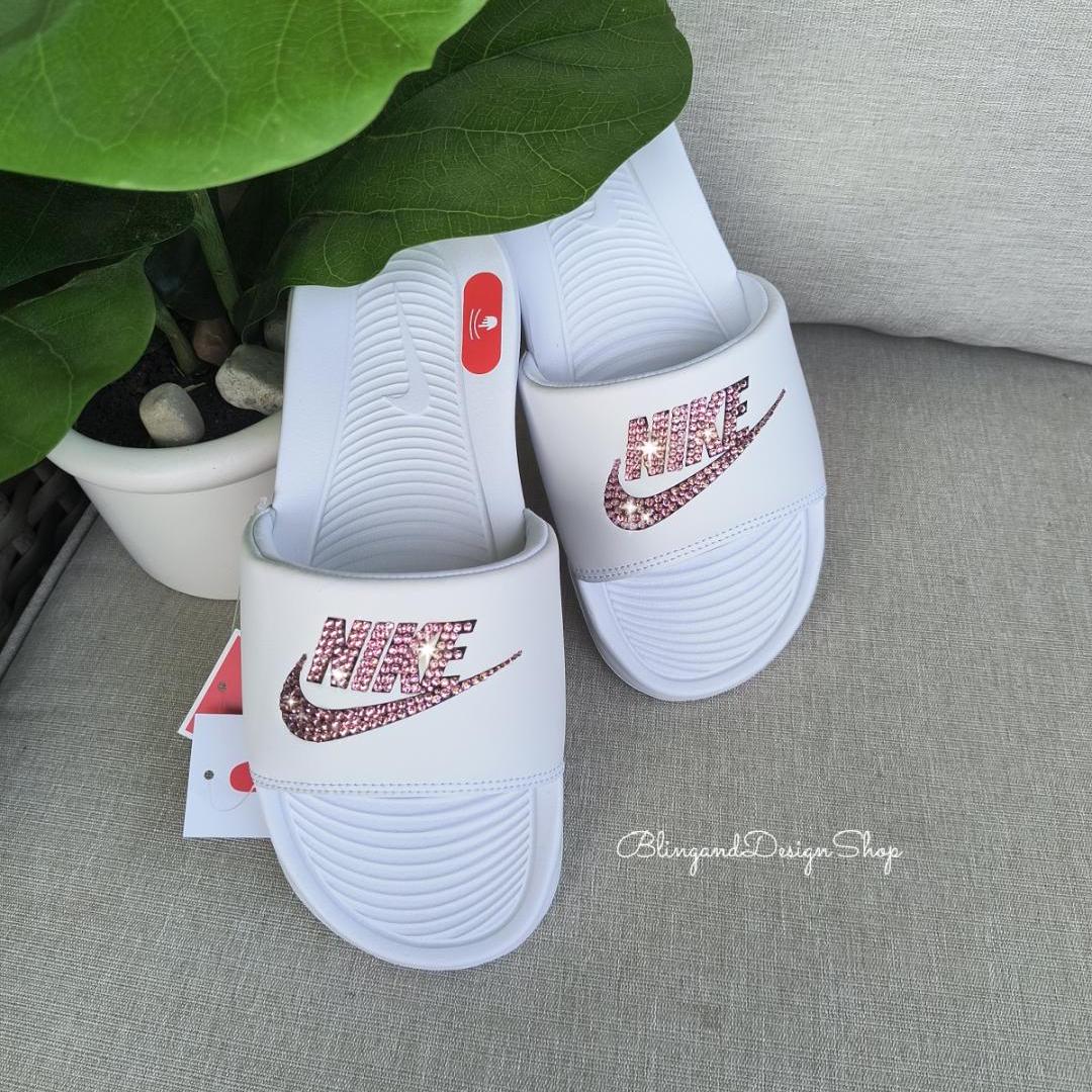 Bling Womens Victori One White Slides Sandals Customized With Pink ...