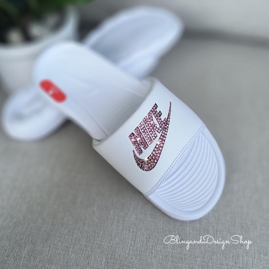 Bling Womens Victori One White Slides Sandals Customized With Pink ...