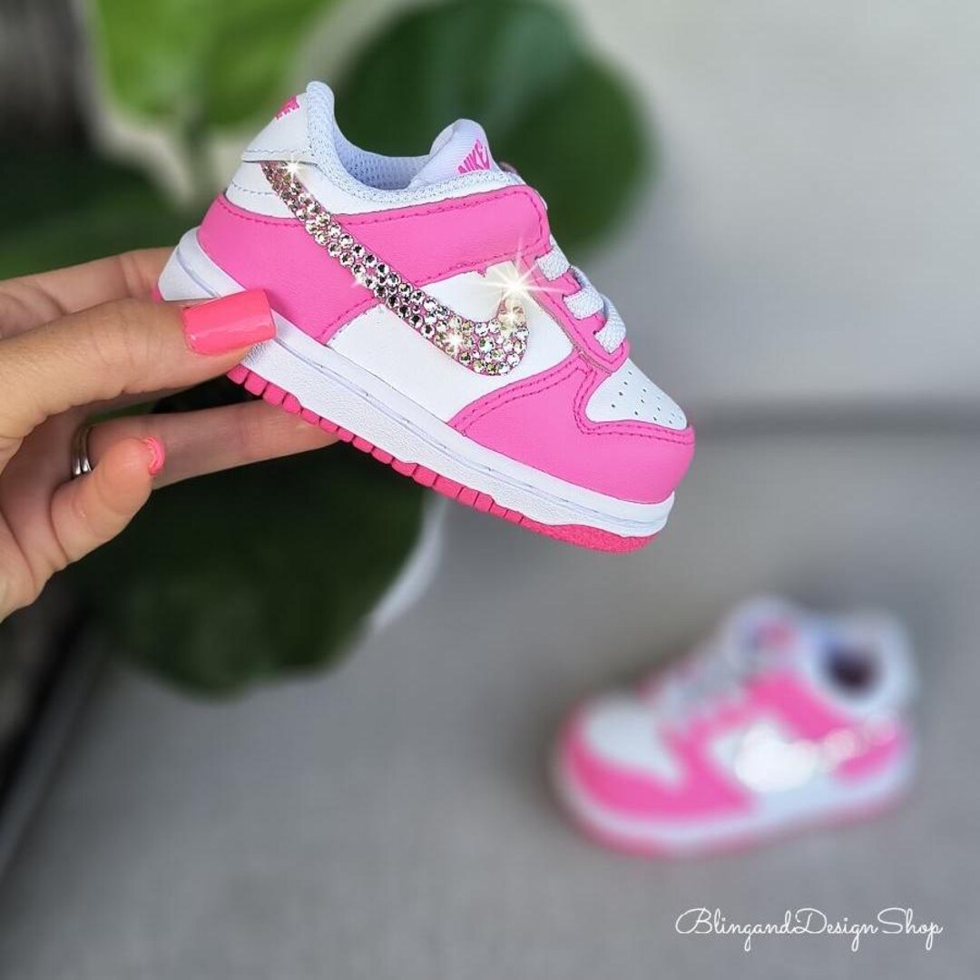 Bling Toddler Girls Dunk Low Baby Pink Sneakers Customized With Clear ...