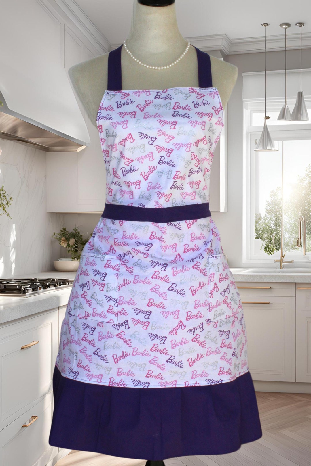 Retro-style Barbie Hostess Apron in Purple, White, Pink, and Silver ...