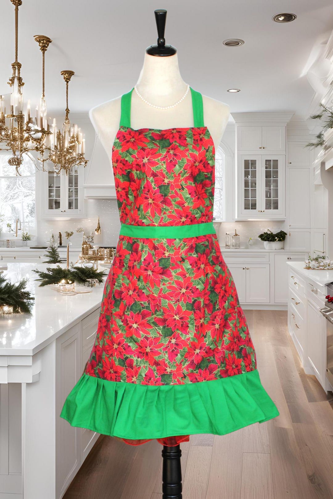 Retro Chic Christmas Hostess Apron With Red Poinsettias - Festive ...