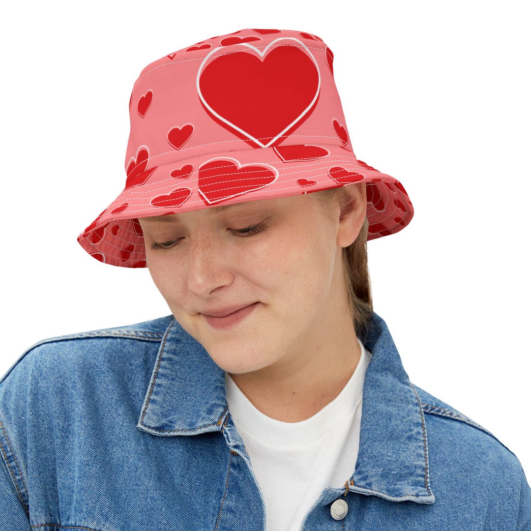 Valentine Heart Bucket Hat, Red Heart Print Hat, Love Theme Headwear ...