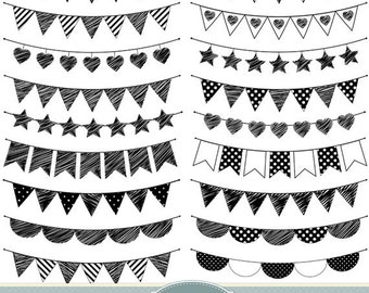 Hand drawn doodle bunting clipart Black and white flag clip