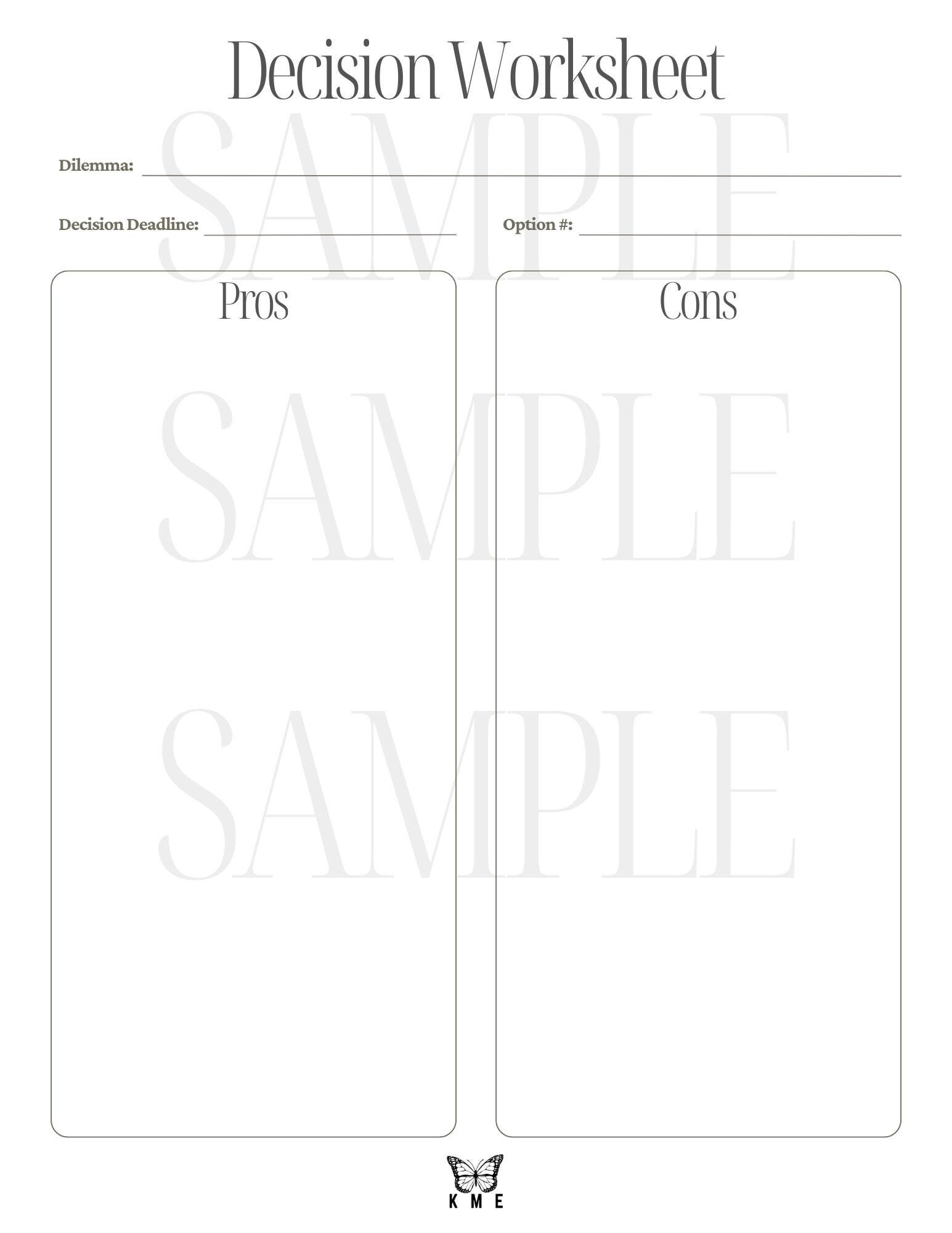 Decision Worksheet Dilemma Worksheet Pros and Cons Worksheet Journal ...