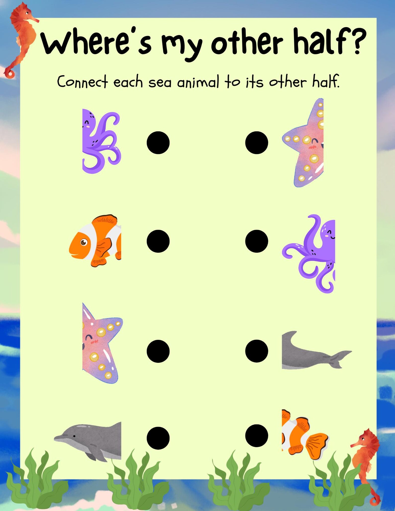 Ocean Sea Animal Matching Activity - Printable Worksheet for Kids! - Etsy