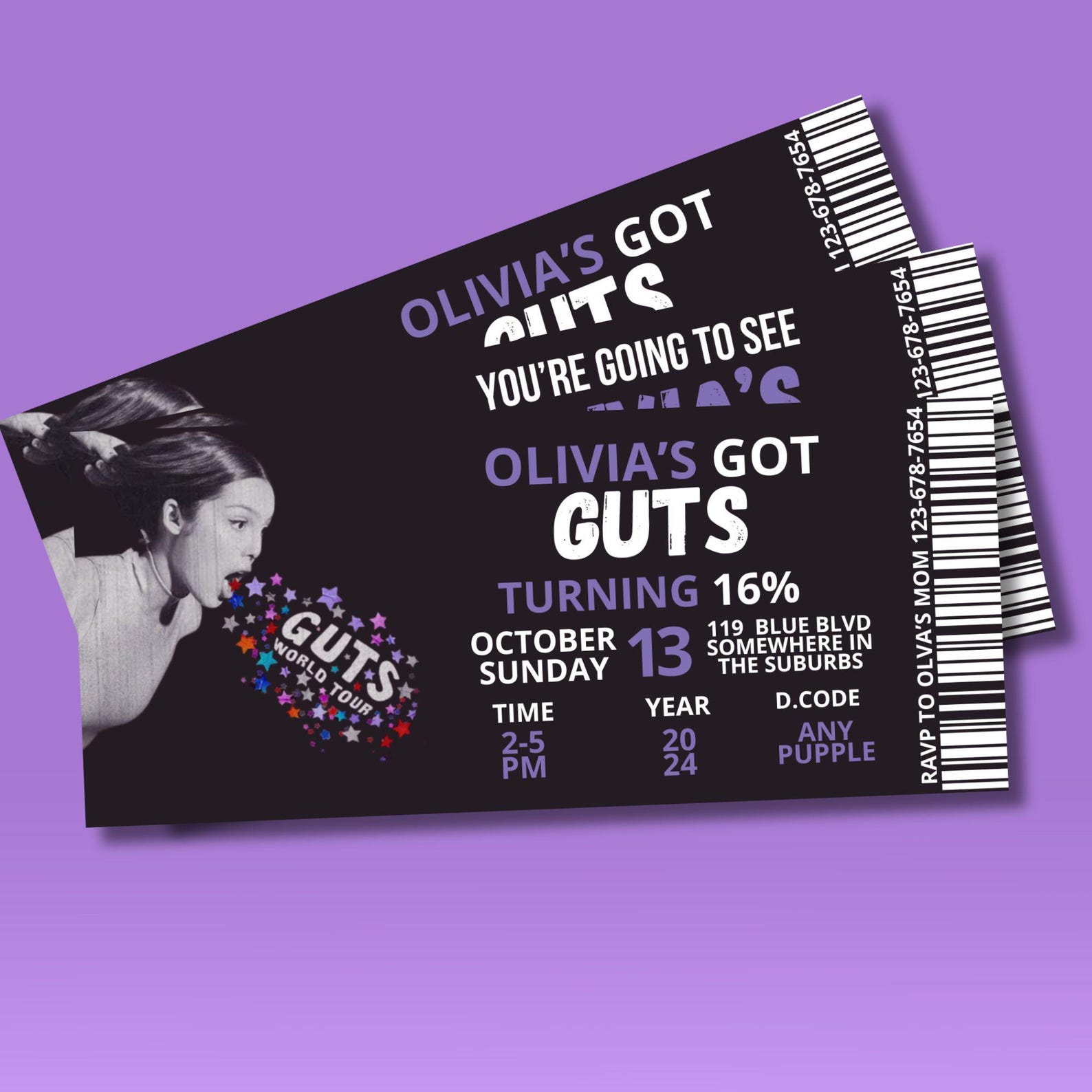 Olivia Rodrigo Invitation Guts Tour Ticket Concert Birthday Party ...