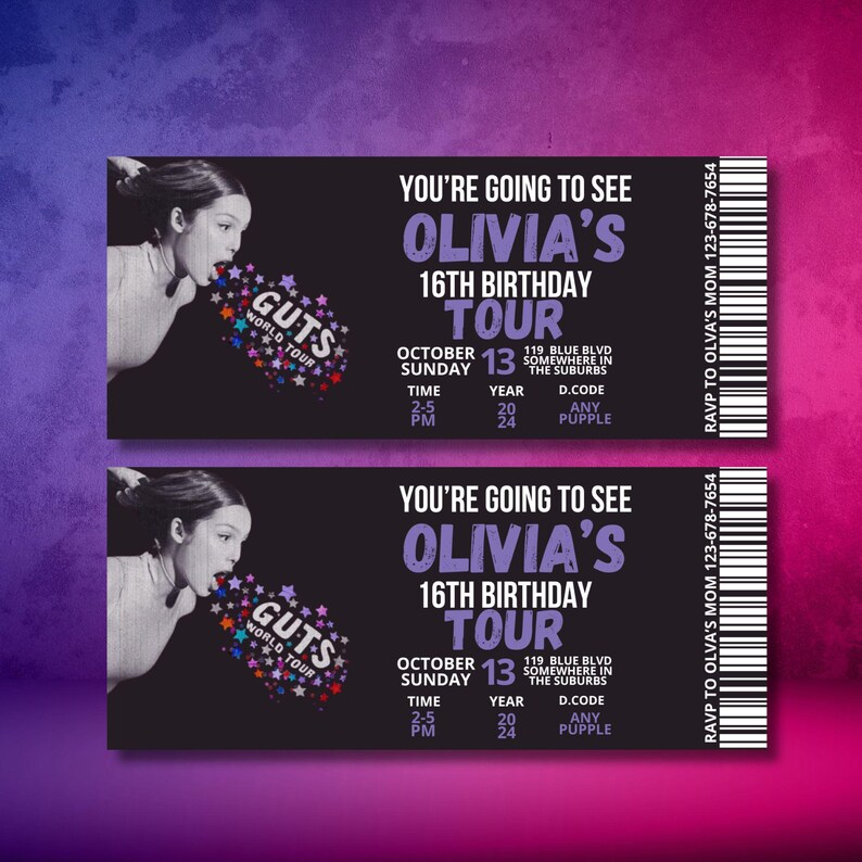 Olivia Rodrigo Invitation Guts Tour Ticket Concert Birthday Party ...