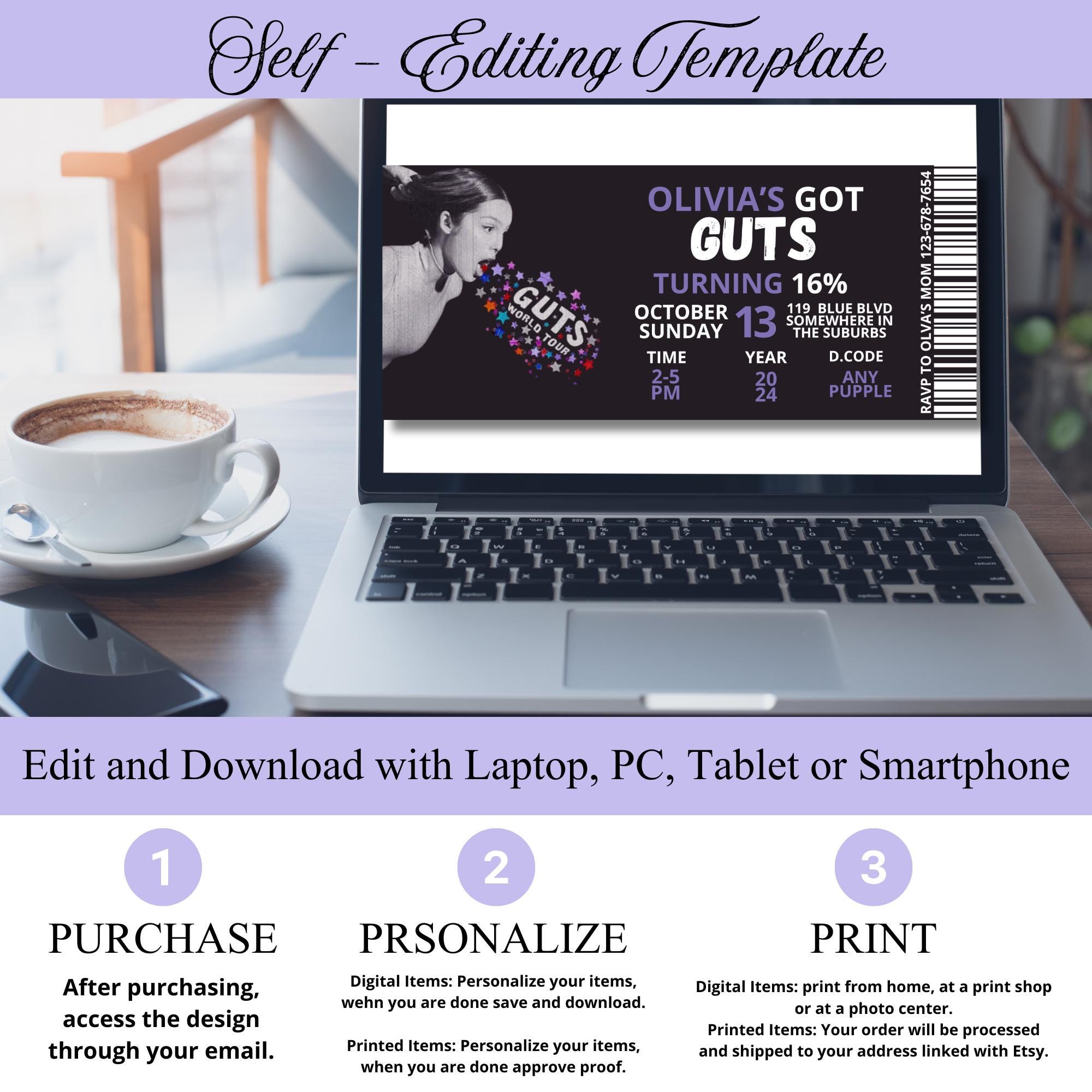 Olivia Rodrigo Invitation Guts Tour Ticket Concert Birthday Party ...