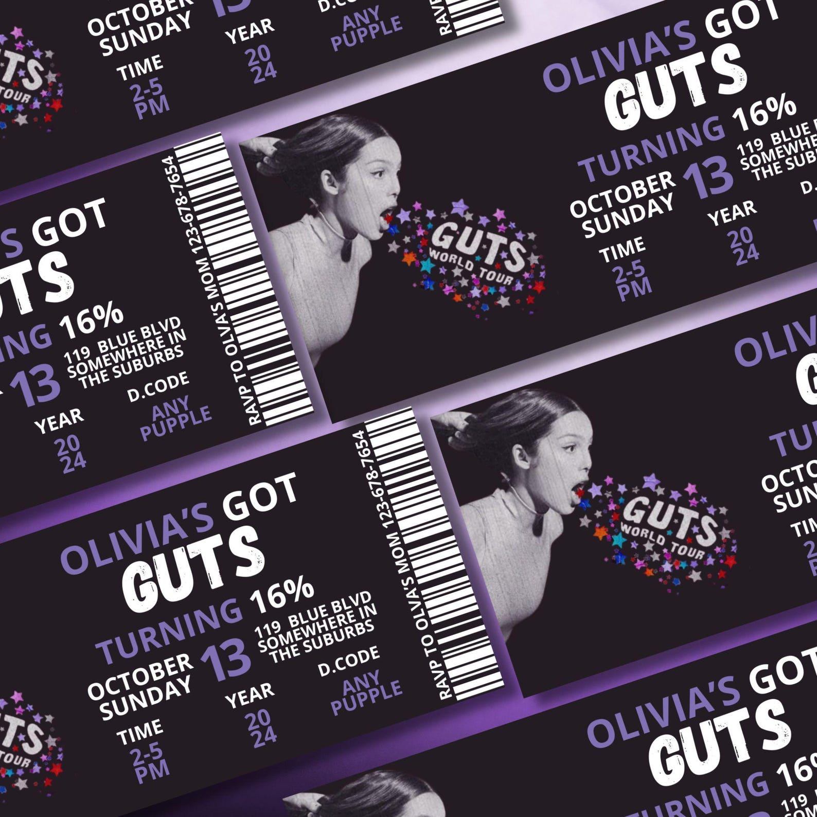 Olivia Rodrigo Invitation Guts Tour Ticket Concert Birthday Party ...