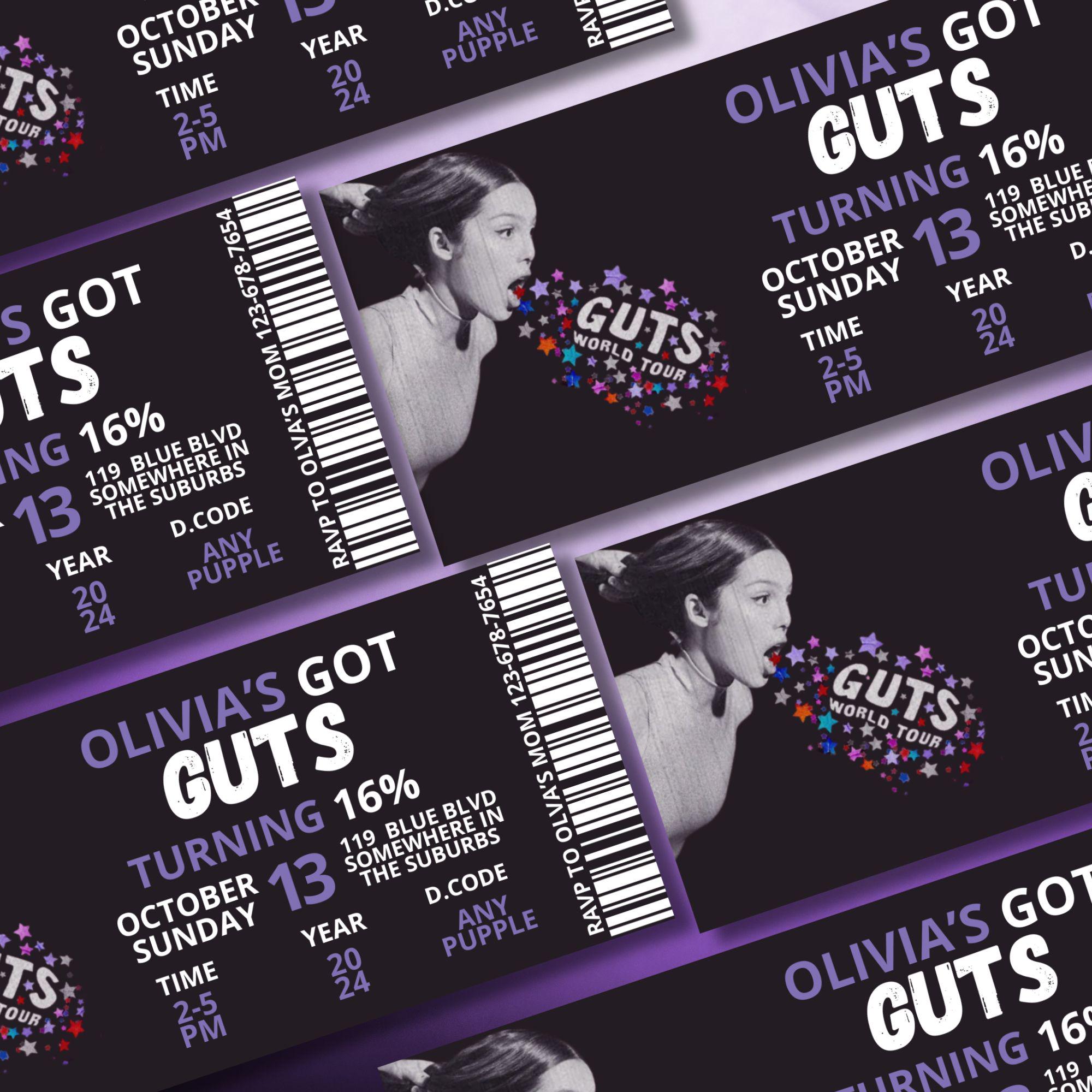 Olivia Rodrigo Invitation Guts Tour Ticket Concert Birthday Party ...