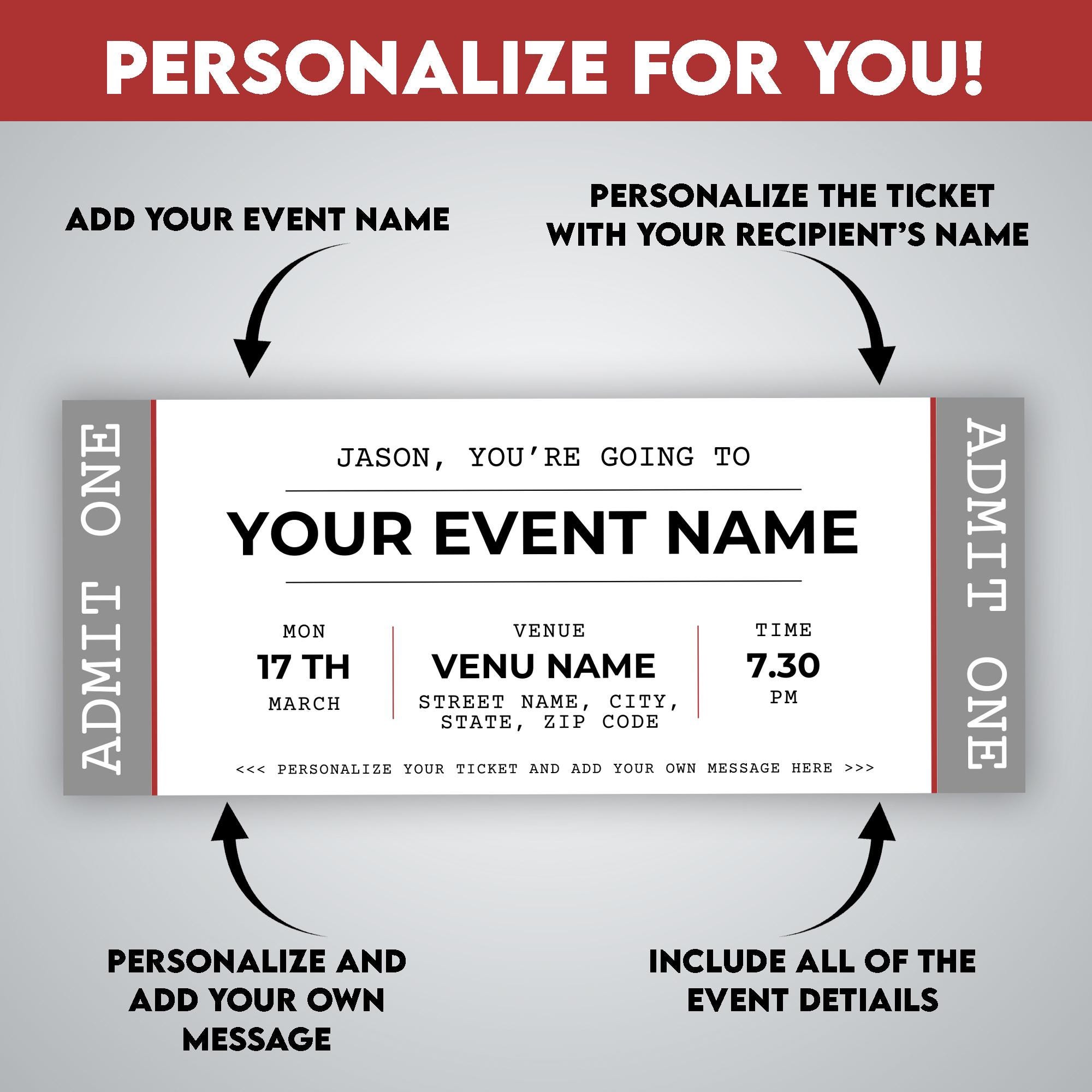 Event Ticket Template | Editable DIY Printable for Surprise Getaway, Christmas Gift, Musical ...