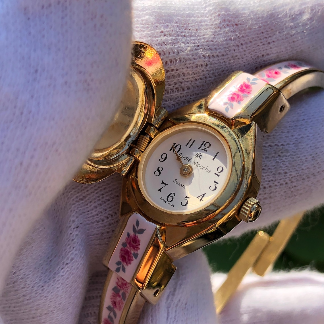 Vintage André Mouche Gold Tone Metal Enamel Paint Women Watch PINK ...