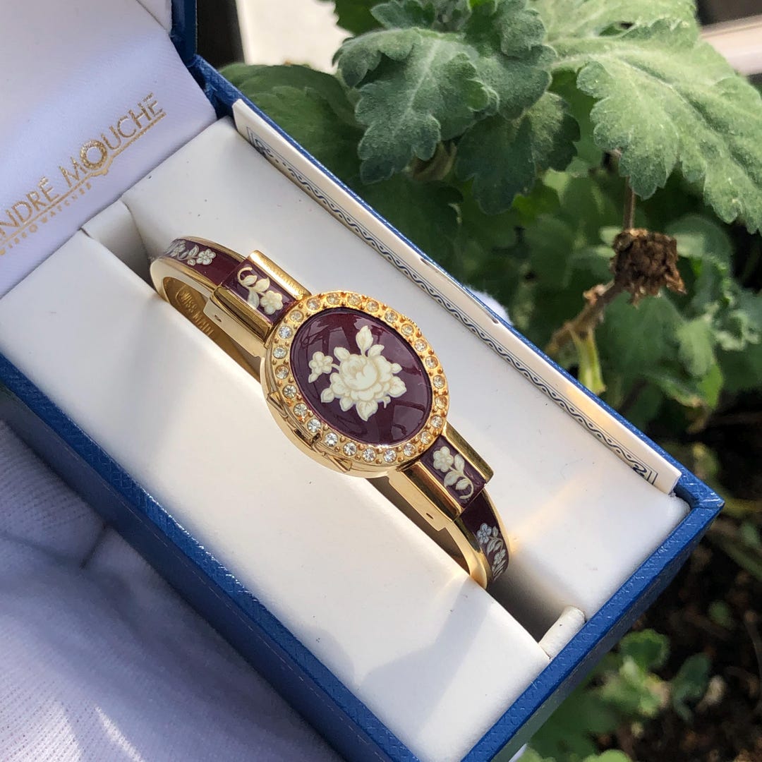 Vintage André Mouche Gold Tone Metal Enamel Paint Women Watch Burgundy ...