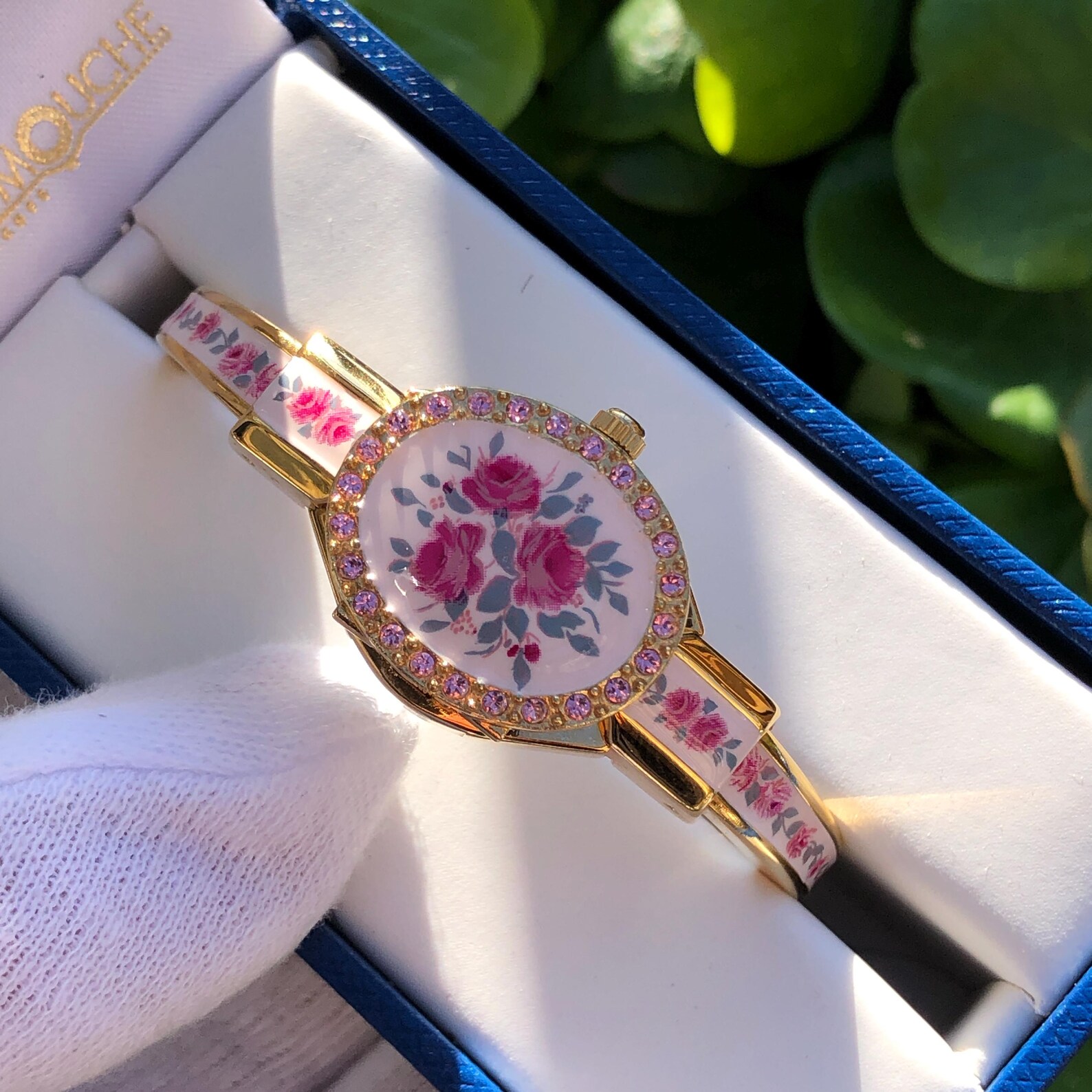 Vintage André Mouche Gold Tone Metal Enamel Paint Women Watch PINK ...