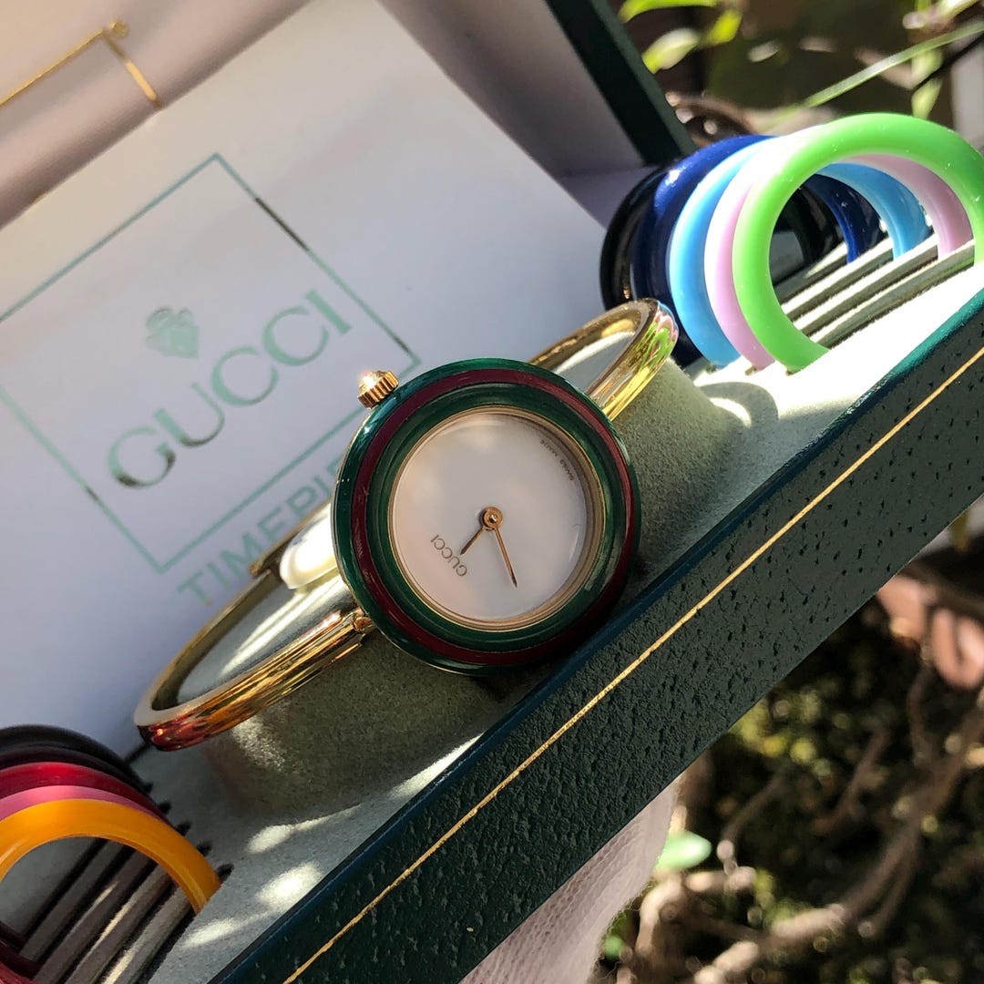 RARE Vintage Gucci Change Bezel 12 Bezel Set Type Gold Plated Lady's ...