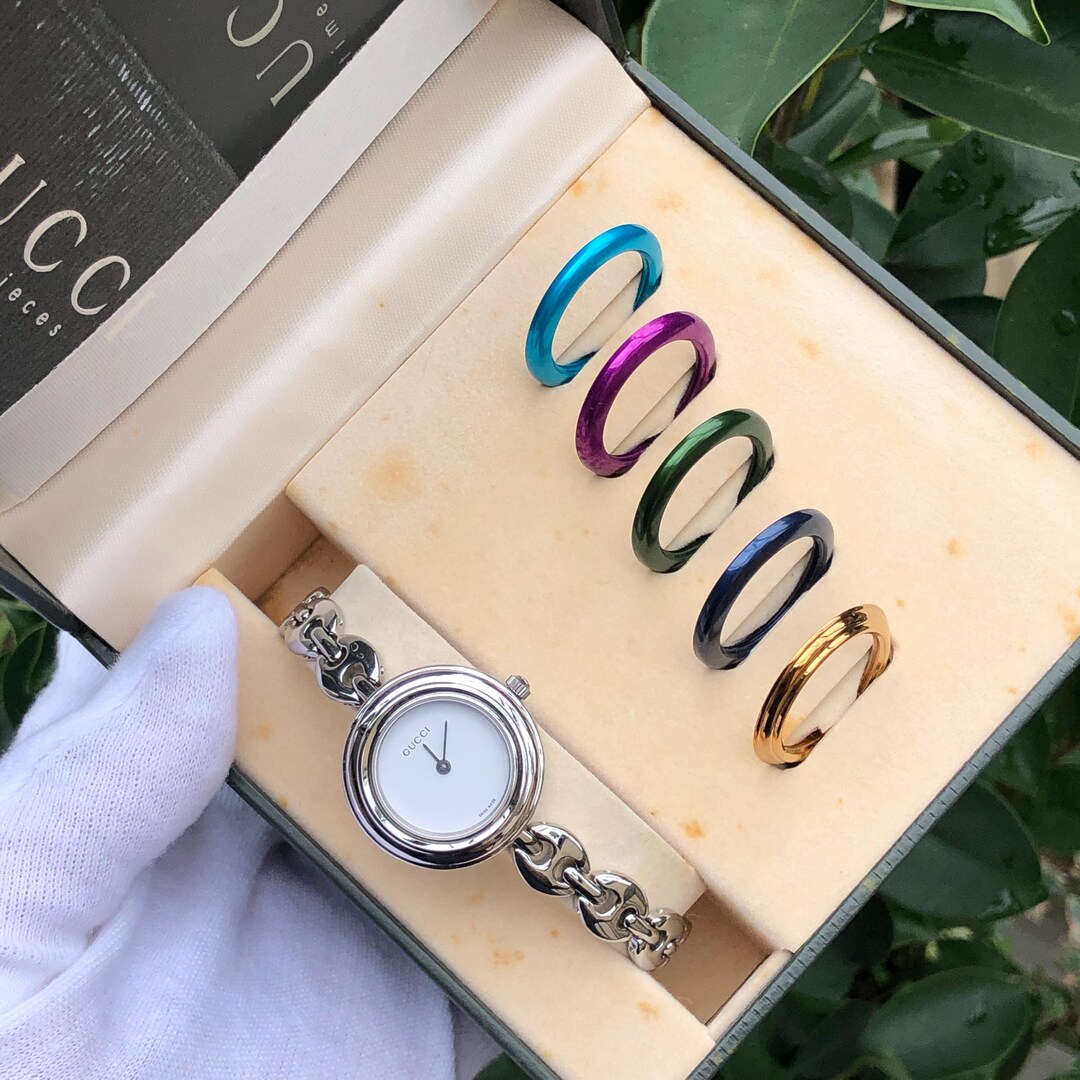 RARE VINTAGE GUCCI Change Bezel Coffee Bean Bracelet Type Silver Tone ...