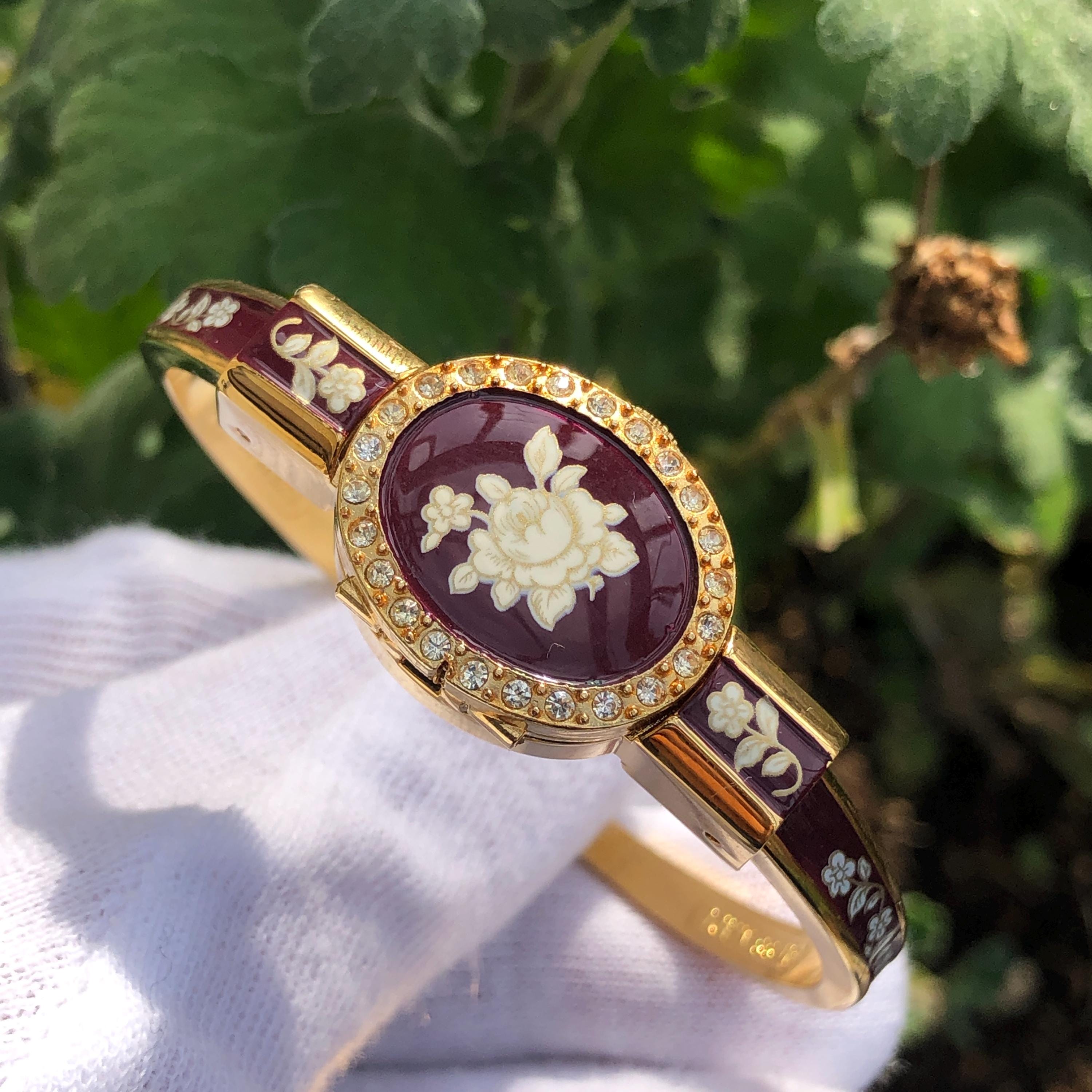 Vintage André Mouche Gold Tone Metal Enamel Paint Women Watch Burgundy ...