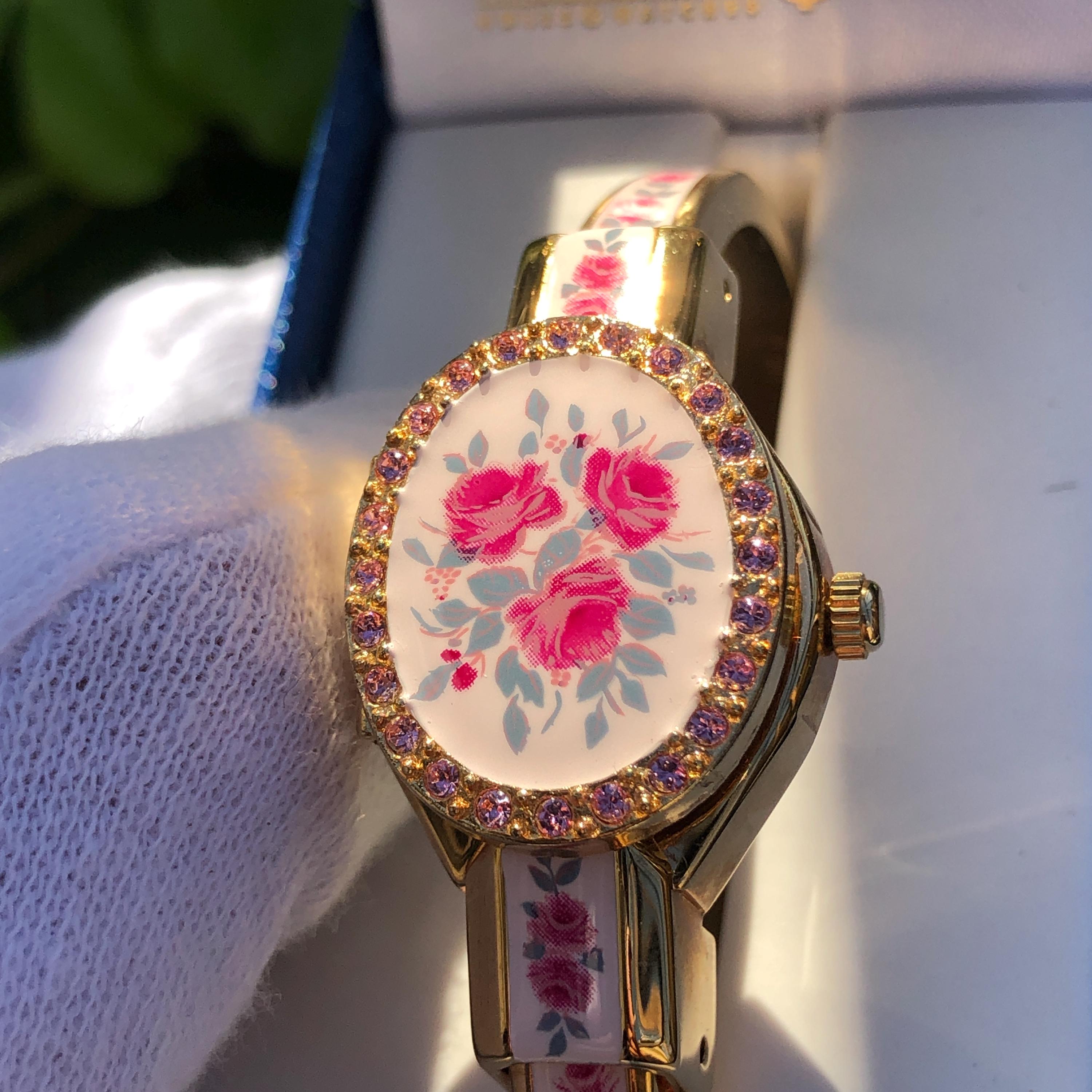 Vintage André Mouche Gold Tone Metal Enamel Paint Women Watch PINK ...