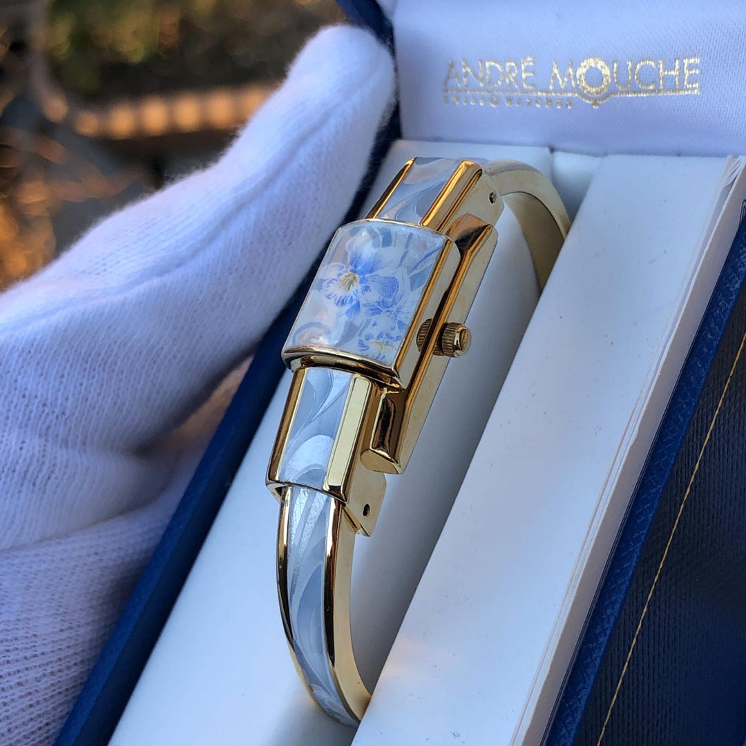 Vintage André Mouche Gold Tone Metal Enamel Paint Women Watch Blue ...