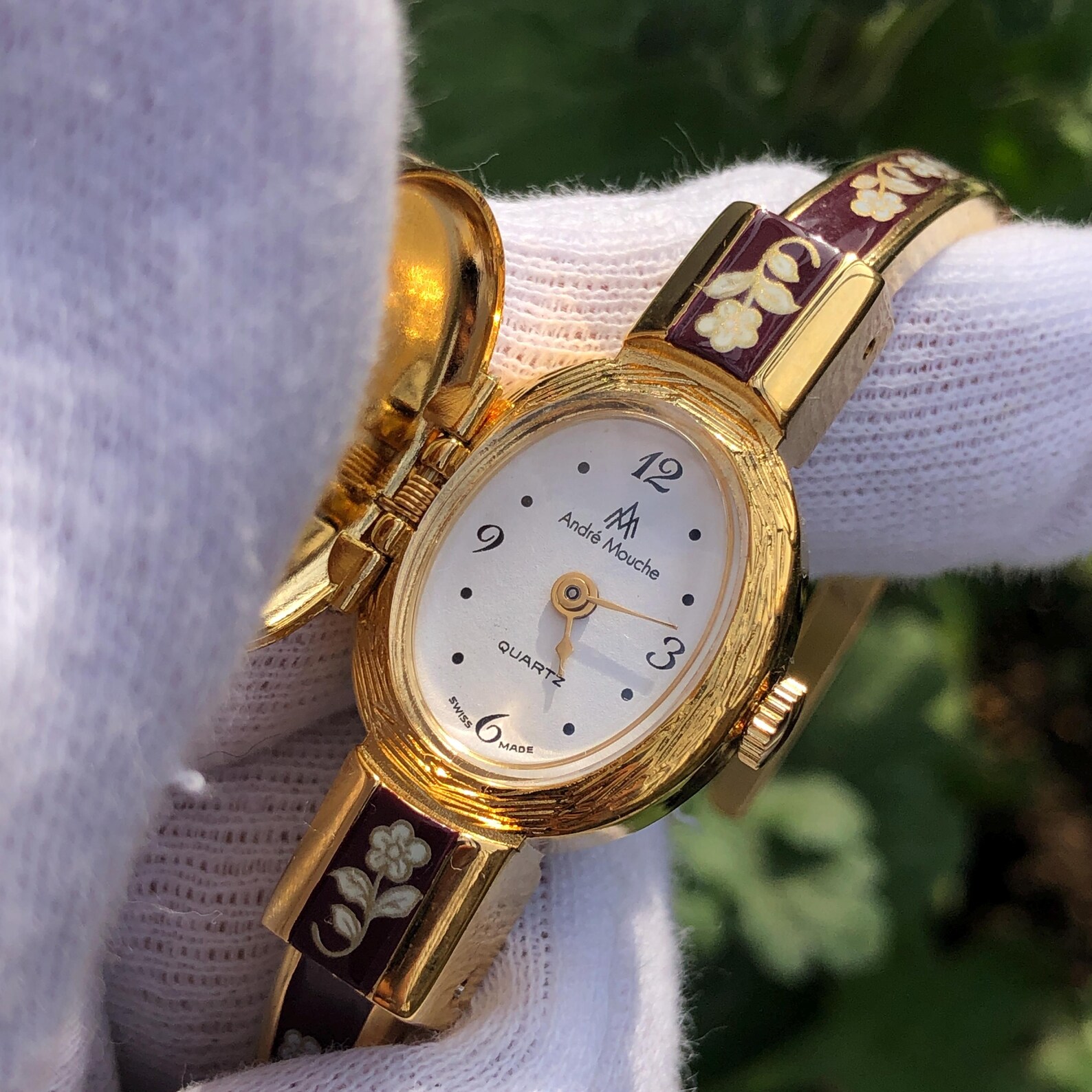 Vintage André Mouche Gold Tone Metal Enamel Paint Women Watch Burgundy ...