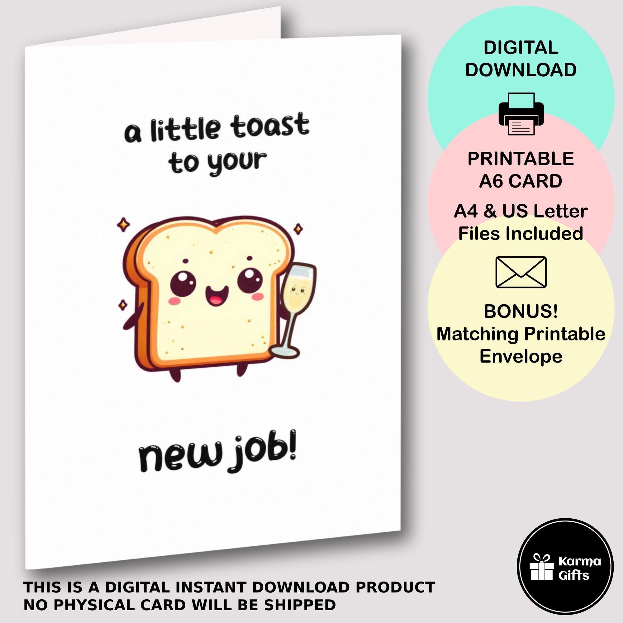 Printable New Job Toast Card, Funny Food Pun Card, Cute A6 ...