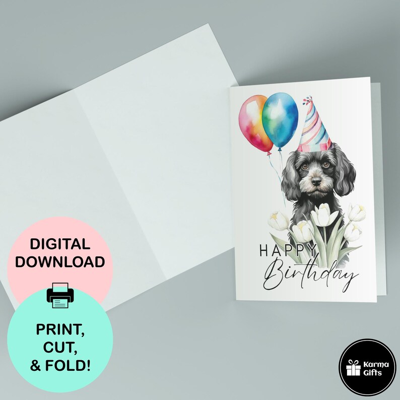 Printable Cavapoo Birthday A6 Card, Black Cavoodle Happy Birthday, Dog ...
