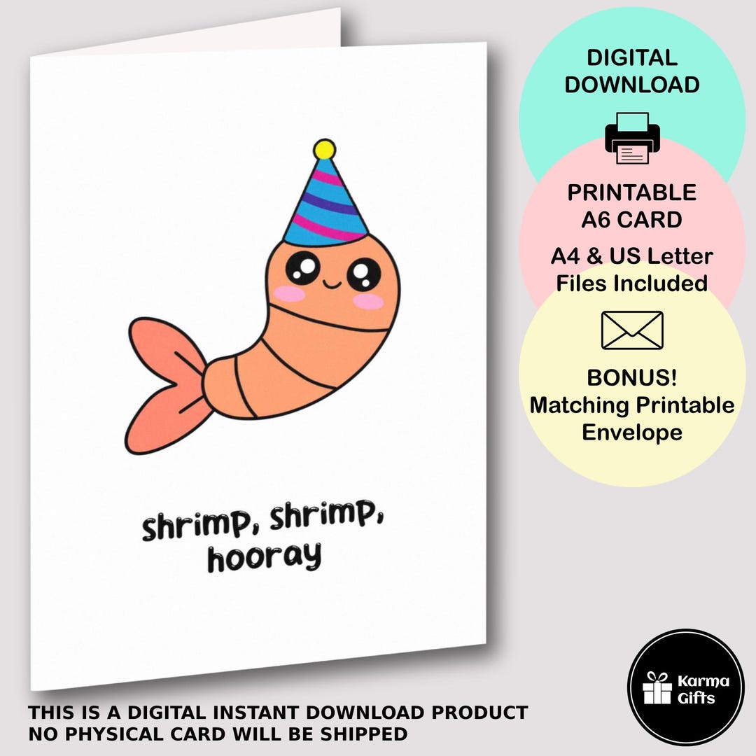 Printable Shrimp Shrimp Hooray Birthday Card, Funny Kawaii Shrimp Pun ...