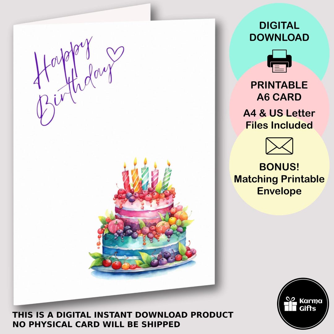 Printable Birthday Cake Happy Birthday Card, Beautiful Colorful Cake A6 ...