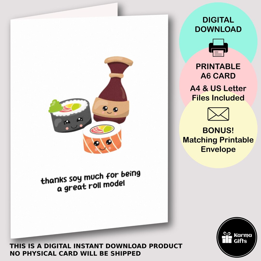 Printable Teacher Sushi Thanks Soy Much Card A6, Funny Cute Sushi Pun ...