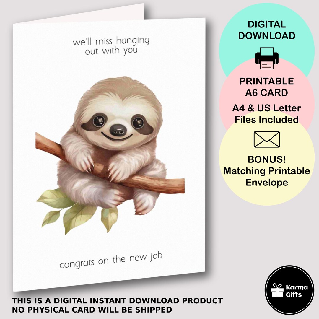 Printable Miss You Sloth Card, Funny Animal Pun Card, Cute New Job ...