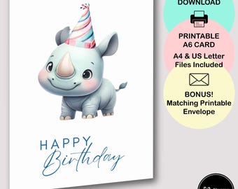 Printable Kid's Rhino Birthday Card, Cute A6 Greeting Card for Kids ...