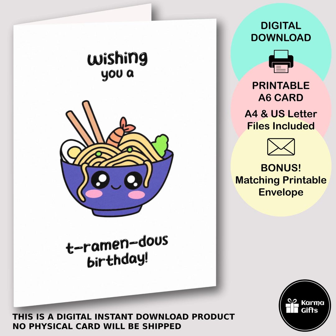 Printable Ramen Wishes Birthday Card, Funny Noodle Lovers Pun Card ...
