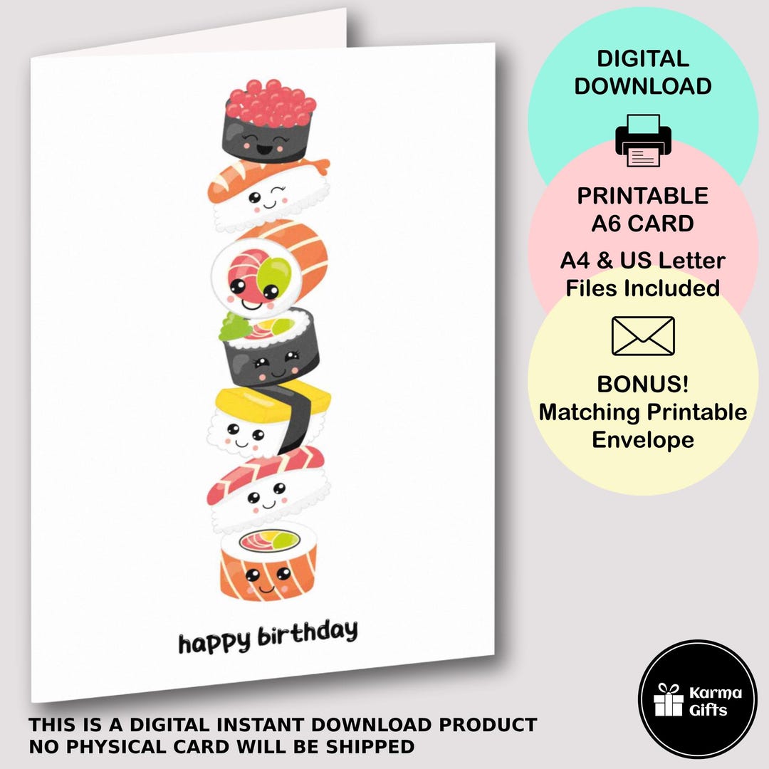 Printable Sushi Birthday Card, Sushi Stack Greeting Card, Cute Sushi ...